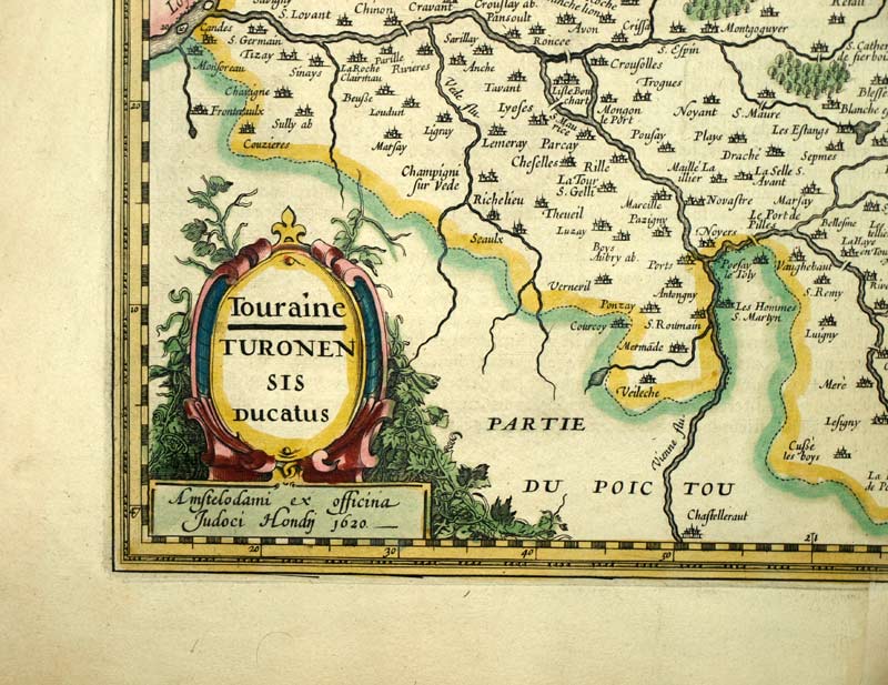 Geographical map old region of touraine by hondius map 1620 old antic ...